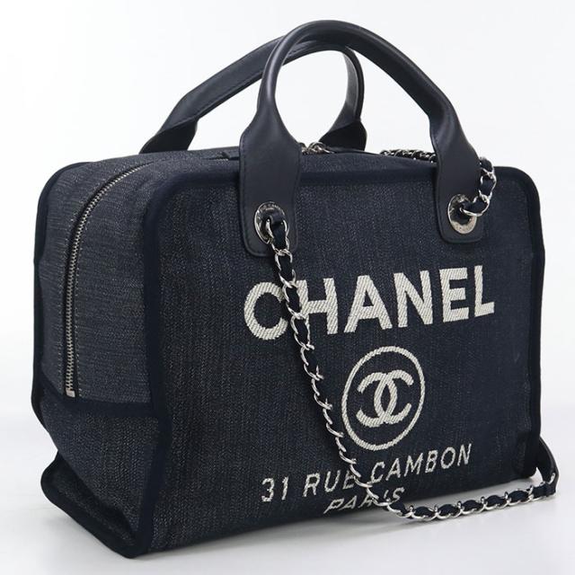 中古良品CHANEL シャネル ボストンバッグ ボーリングバッグ　2WAY ドーヴィル レディース ネイビー