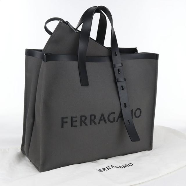中古美品FERRAGAMO フェラガモ トートバッグ 24 1298 ロゴ メンズ グレー