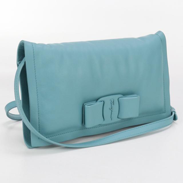 中古良品FERRAGAMO フェラガモ 斜め掛け ショルダーバッグ 22 0287 ヴィヴァボウ ヴァラリボン レディース ブルー