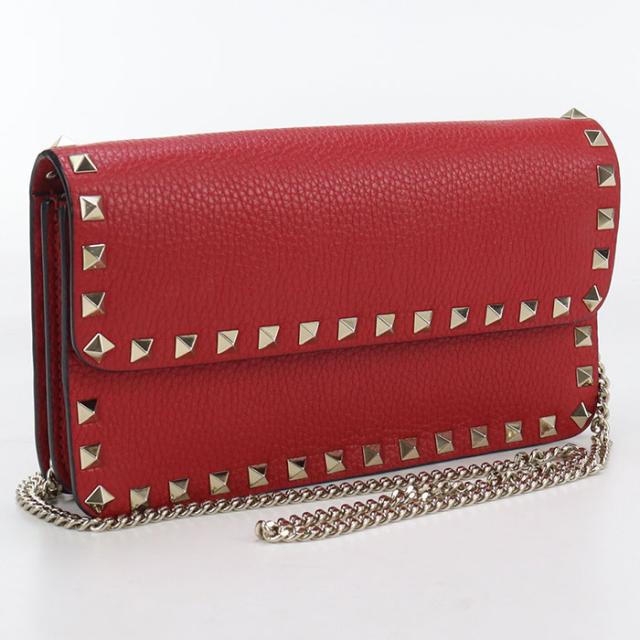 中古良品Valentino ヴァレンチノ チェーンウォレット ロックスタッズ レディース レッド