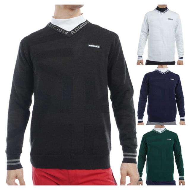 アドミラルゴルフ セーター メンズ 長袖 Vネック 静電気軽減 遠赤外線保温 軽量 ゴルフウェア ブランド ユニオンジャック ジャガード 秋 冬 ADMA454 Admiral golf