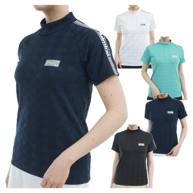 アドミラルゴルフ シャツ モックシャツ レディース 半袖 モックネック 吸水速乾 ストレッチ ゴルフウェア ブランド ロゴ 総柄 ストライプ 春 夏 ADLA503 Admiral golf