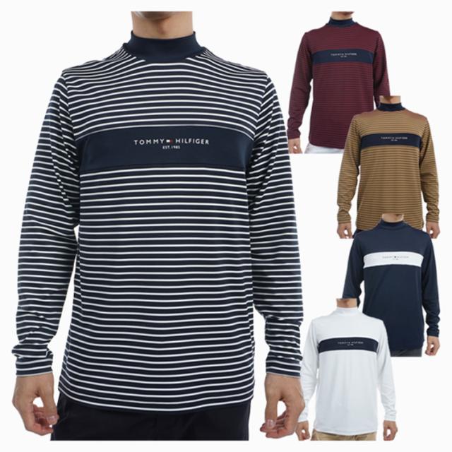 トミーヒルフィガー ゴルフ モックシャツ メンズ 長袖 シャツ モックネック ハイネック UVカット ゴルフウェア ブランド 総柄 ボーダー 春 秋 冬 THMA454