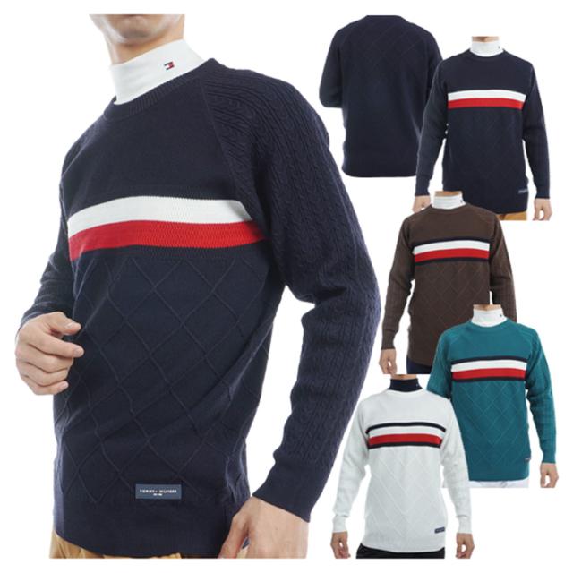 トミーヒルフィガー ゴルフ セーター メンズ 長袖 ニット クルーネック 遠赤外線保温 ホットレイ ゴルフウェア ブランド 無地 ストライプ ロゴ 秋 冬 THMA473