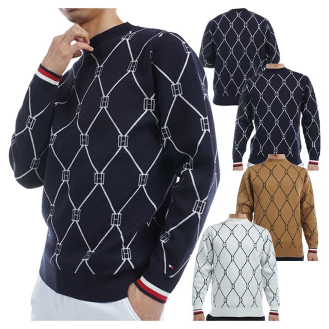 トミーヒルフィガー ゴルフ セーター メンズ 長袖 ニット モックネック 遠赤外線保温 ゴルフウェア ブランド 総柄 ジャカード ロゴ 秋 冬 THMA480