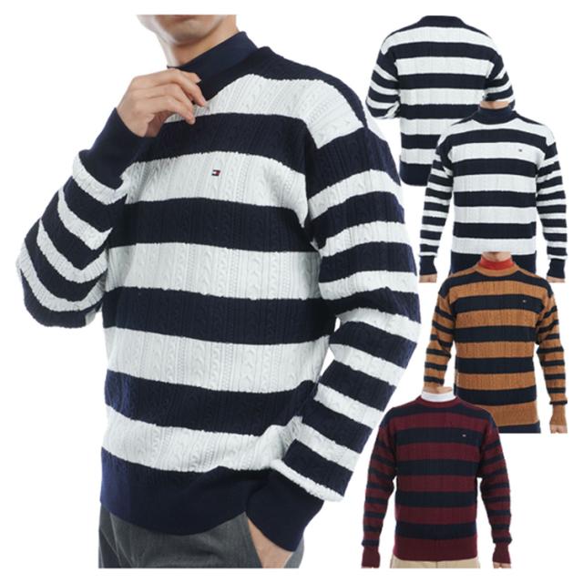 トミーヒルフィガー ゴルフ セーター メンズ 長袖 ニット クルーネック ウール混 ゴルフウェア ブランド 総柄 ボーダー ロゴ 秋 冬 THMA485