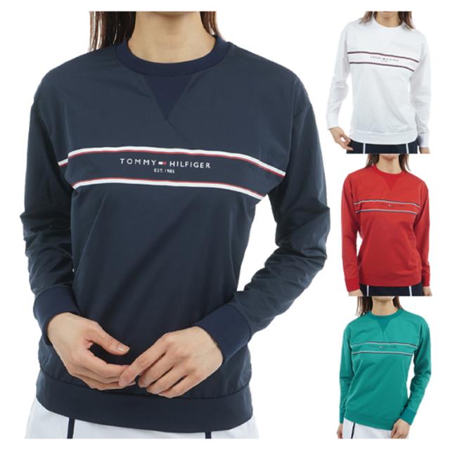 トミーヒルフィガー ゴルフ スウェットシャツ レディース 長袖 シャツ Vネック ストレッチ 吸水速乾 UVカット 防風 ゴルフウェア ブランド 無地 ロゴ THLA560