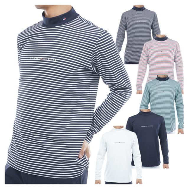 トミーヒルフィガー ゴルフ モックシャツ メンズ 長袖 シャツ モックネック ハイネック ストレッチ 天竺 ゴルフウェア ブランド 総柄 ボーダー ロゴ THMA563