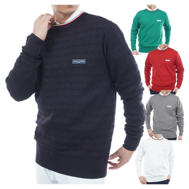 トミーヒルフィガー ゴルフ セーター メンズ 長袖 ニット クルーネック 軽量 ジャガード ゴルフウェア ブランド 総柄 ライン ロゴ 秋 冬 THMA564