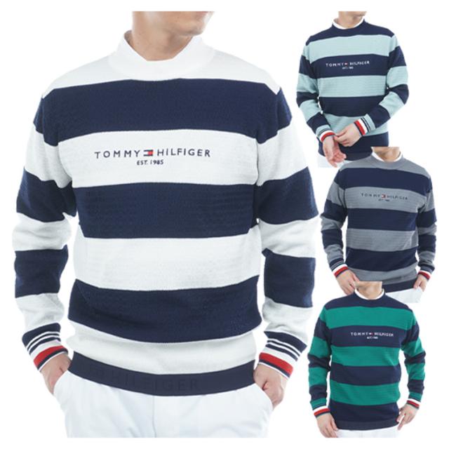 トミーヒルフィガー ゴルフ セーター メンズ 長袖 ニット クルーネック ストレッチ ゴルフウェア ブランド 総柄 ボーダー ライン ロゴ 秋 冬 THMA565