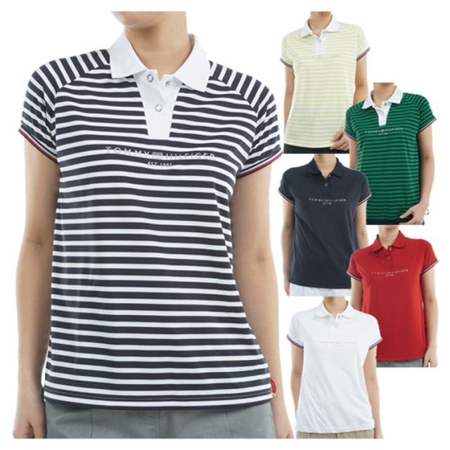 トミーヒルフィガー ゴルフ ポロシャツ レディース 半袖 シャツ 吸水速乾 UVカット 抗菌防臭 ロゴ ゴルフウェア ブランド 総柄 春 夏 秋 THLA511