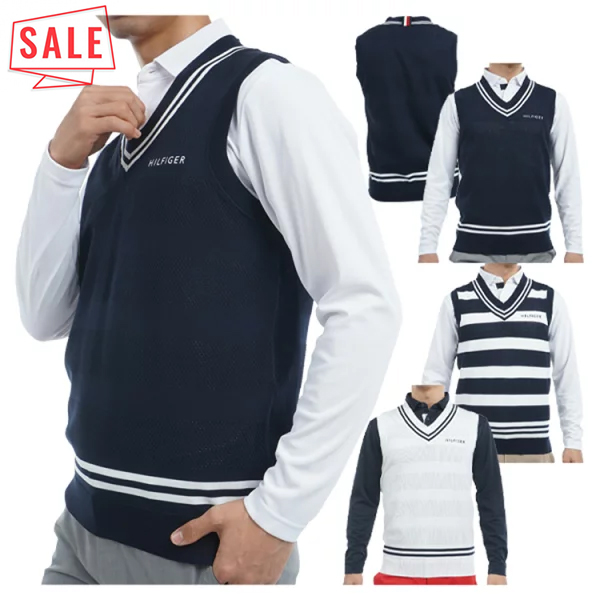 トミーヒルフィガー ゴルフ ベスト メンズ ニットベスト セーターベスト Vネック 軽量 ゴルフウェア ブランド 総柄 ボーダー 春 夏 秋 THMA510