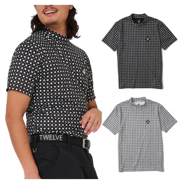 V12 ゴルフ モックシャツ メンズ 半袖 シャツ ハイネック モックネック ストレッチ 吸水速乾性 総柄 ロゴ ゴルフウェア ブランド V122510-MK21