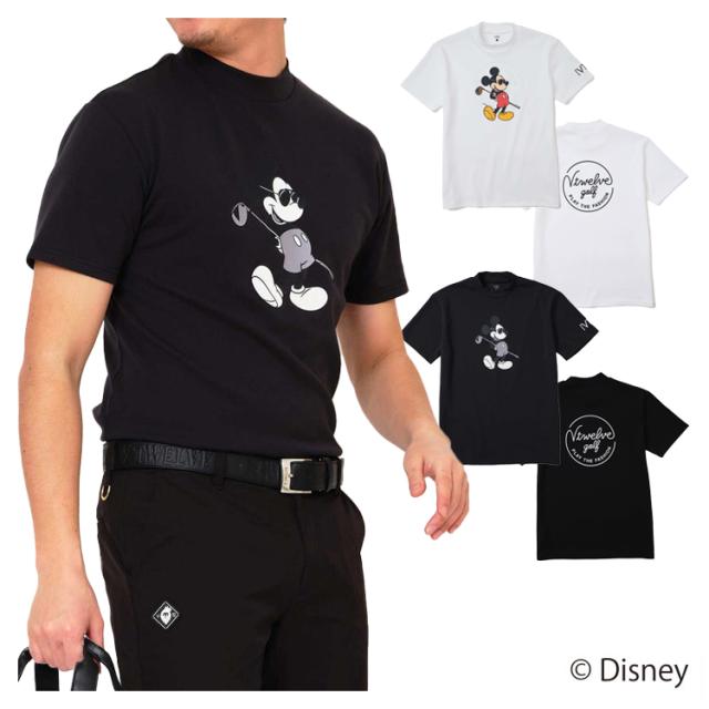 V12 ゴルフ モックシャツ コラボ メンズ 半袖 シャツ ハイネック モックネック ストレッチ 吸水速乾 UVカット 無地 ロゴ ミッキーマウス ゴルフウェア ブランド V122515-MK01