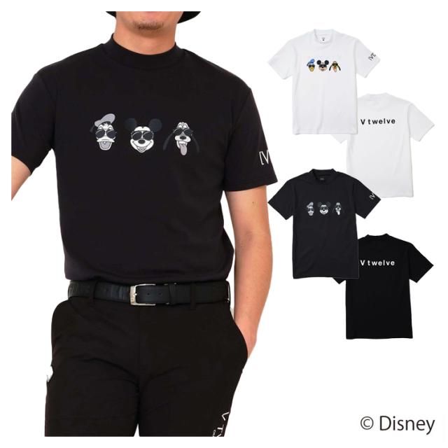 V12 ゴルフ モックシャツ コラボ メンズ 半袖 シャツ ハイネック モックネック レオン コラボ LEON ストレッチ 吸水速乾 UVカット 無地 ロゴ ミッキーマウス ゴルフウェア ブランド V122515-MK02