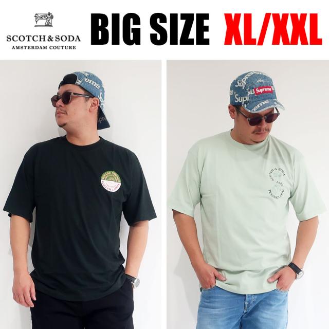SCOTCH&SODA 大きいサイズ メンズ ブランド Tシャツ 半袖 XL XXL 2L 3L 黒 ブラック グリーン クルー ロゴ プリント 春 夏 リゾート 大人 30代 40代 50代 スコッチアンドソーダ 282-44411 スコッチ＆ソーダ