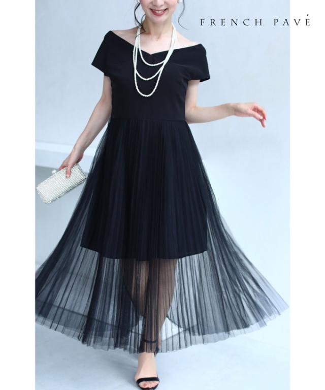 cawaii w69930 S~M 黒 魅せるデコルテカッティングの プリーツチュール ミディアム きれいめワンピース レース 春夏 切り替え 透け感  軽やか Vライン 二の腕カバー レディース 行事 エレガント  40代コーデ 50代 sanpo