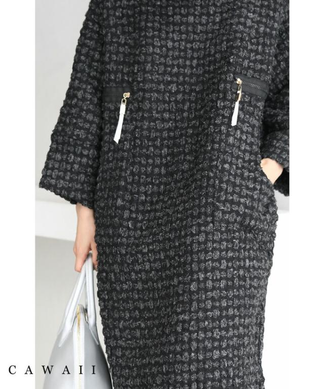 再入荷11月18日 冬新作 冬 w54273 ぽこぽこ柄が浮き立つフェイクポケットミディアムワンピース cawaii レディース ワンピース 膝丈 長袖 ゆったり ロング トップス チュニックワンピース お呼ばれ 通勤 きれいめ ミセス 60代 40代コーデ 50代 30代