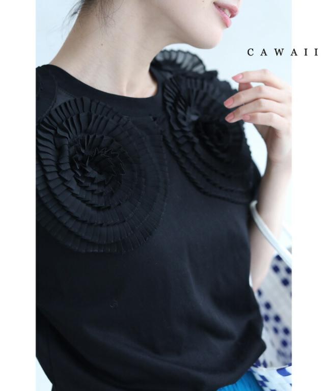 再入荷2月2日 （S~2L対応）（黒）プリーツの花咲くTシャツトップス w60183p cawaii t シャツレディース半袖 黒 花柄 春夏 無地 シンプル 綿100％ きれいめ カジュアル ゆったり オーガニック 体型カバー 二の腕  50代 60代 40代 オフィス お呼ばれ 通勤 きれいめ 母の日