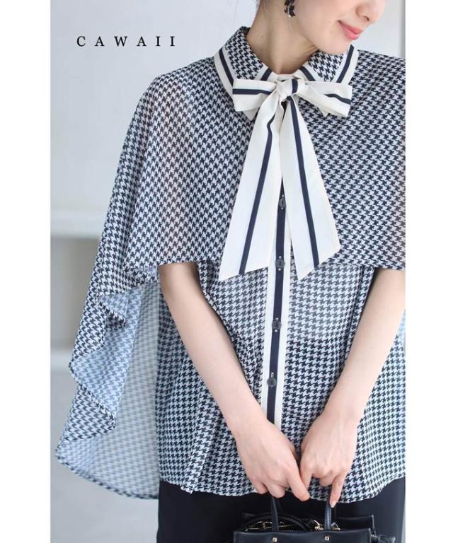 ブラウス ボウタイ ボウタイブラウス 半袖 フレア袖 リボン タイブラウス 千鳥柄（リボン付き）wk00323 S~2L cawaii  薄手 涼しい 春 夏 お呼ばれ 通勤 きれいめ シフォン パフスリーブブラウス チェック シアー シアーシャツ