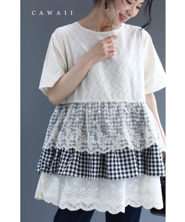 再入荷6月29日 重ね着風 トップス 半袖 チェックシャツ レース 半袖 Tシャツ プルオーバー フリル チェック柄 wk00392 cawaii 綿 コットン 薄手 花柄 刺繍 春 夏 秋 カジュアルシャツ 体型カバー お呼ばれ 通勤 オフィス きれいめ 母の日