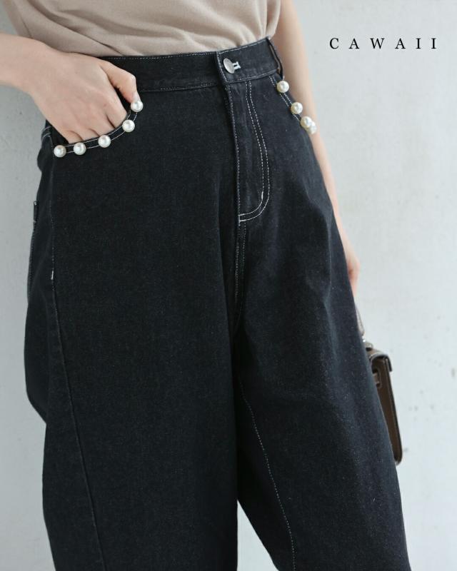 新作3月24日 縁取りパールポケットのデニムパンツ cawaii fse00087od S~M対応 春夏 秋冬 1年中 綿 コットン 無地 ヘビロテ 前ファスナー 裾スリット 万能 着回し ゆったり ブラック 長ズボン 後ろゴム おしゃれ レディース ファッション 大人 ママ ミセス 30代 40代 50代