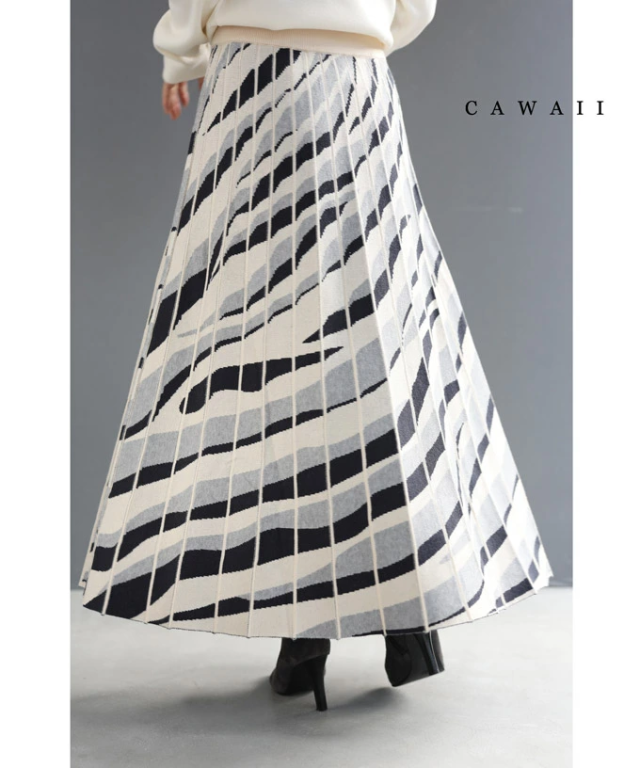たなびく柄の折りニットロングスカート (S~2L対応) fzp00057od cawaii ニット スカート ロング ウエストゴム 柄 秋冬 Aライン ゆったり 大きいサイズ ボーダー アニマル柄 ゼブラ 母の日 オフィス お呼ばれ 通勤 50代 60代 40代