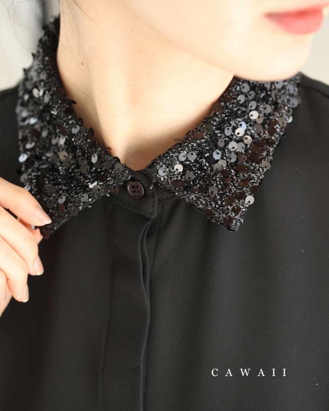 新作12月30日 （黒）スパンコールが輝くキラキラ襟の短丈シャツトップス トップス シャツ レディース ファッション 秋服 冬服 着回し スパンコール ショート丈 cawaii fzp00205od S~L対応 ブラック 日常使い キレイめ シンプル ミセス 30代 40代 50代