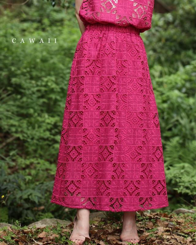 再入荷7月5日 目を惹く華やかピンクのブロックレースロングスカート cawaii fzp00229od S~L対応 ウエストゴム 鮮やか 刺繍レース ピンク オシャレ 個性的 大人可愛い エレガント 上品 春服 春物 夏服 夏物 薄手 レディース ファッション ミセス 30代 40代 50代