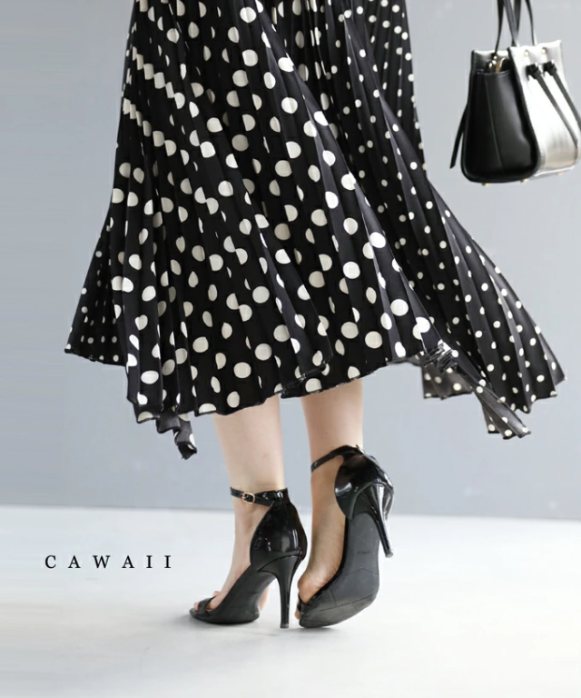 再入荷3月19日 大人が穿けるドットスカート w50152nc cawaii プリーツ スカート ひざ下丈 ドット柄 ウエスゴム 春夏 フレア 上品 体型カバー ゆったり フレアスカート ロング丈 オケージョン お呼ばれ 通勤 オフィス 母の日