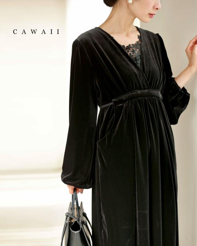 再入荷9月19日 （黒）Xラインギャザーの艶ベロア調ミディアムワンピース 秋 冬 伸縮 長袖 Vネック カシュクール 光沢感 ハイウエスト エレガント 上品 ベーシック パーティー 女子会 cawaii w50431nc S~L対応 レディース ファッション 大人 ママ ミセス 30代 40代 50代