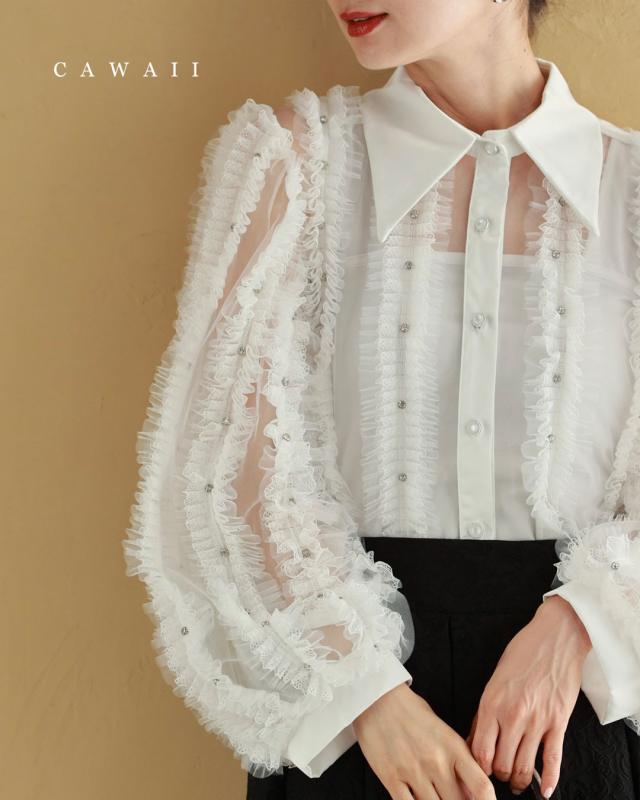 再入荷12月14日 たっぷりフリルとビジュー流れるシアーブラウストップス cawaii w50498nc S~2L対応 春 秋 冬 着回し ポワン袖 エレガント 個性的 細身 オシャレ 大人可愛い 羽織り風 レディース ファッション 大人 ママ ミセス 30代 40代 50代