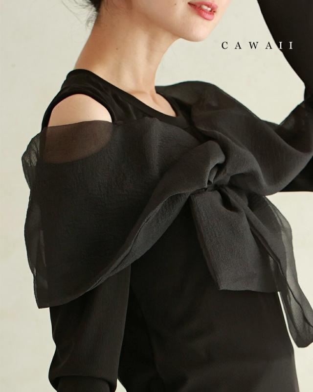 再入荷11月14日 黒 羽衣ショール風リボンカットソートップス cawaii w50500nc S~M対応 長袖 リブカットソー リボン レース ブラック オシャレ 個性的 大人可愛い エレガント 上品 秋 冬 伸縮性 レディース ファッション ミセス 30代 40代 50代