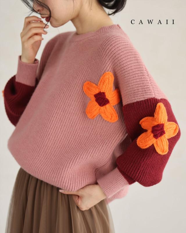 再入荷1月4日 大輪の花を咲かせるバイカラーニットプルオーバートップス トップス ニット レディース ファッション 秋服 冬服 着回し バイカラー 体型カバー cawaii w50514nc S~3L対応 ピンク 日常使い キレイめ シンプル ミセス 30代 40代 50代