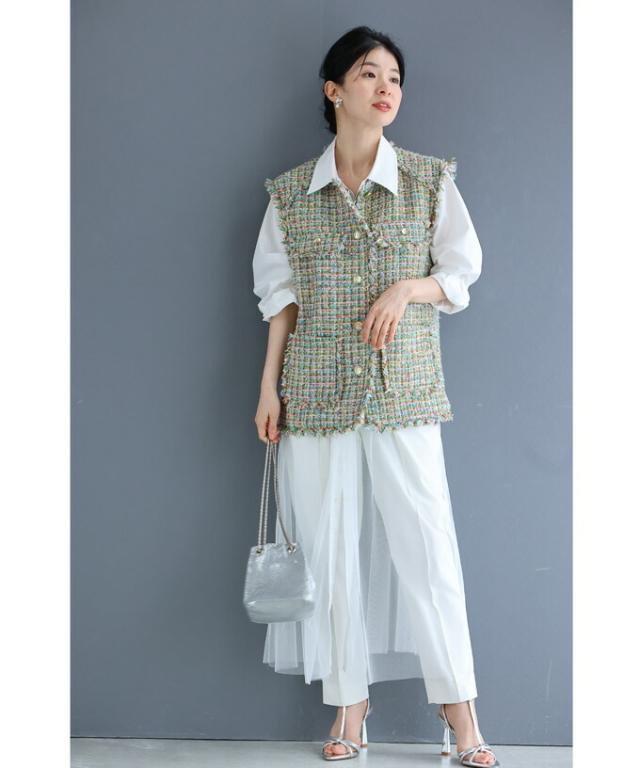 再入荷5月23日 色とりどりなミックスカラーツイード風ベスト トップス ベスト レディース ファッション 春服 夏服 着回し 重ね着 ツイード cawaii w60622ps S~L対応 マルチ ミックス カラー グリーン 日常使い キレイめ シンプル ミセス 30代 40代 50代 再入荷5月23日 色とりどりなミックスカラーツイード風ベスト トップス