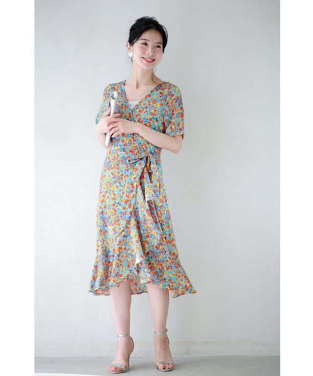 再入荷8月1日 まあるいお花が咲くラップデザインミニワンピース cawaii