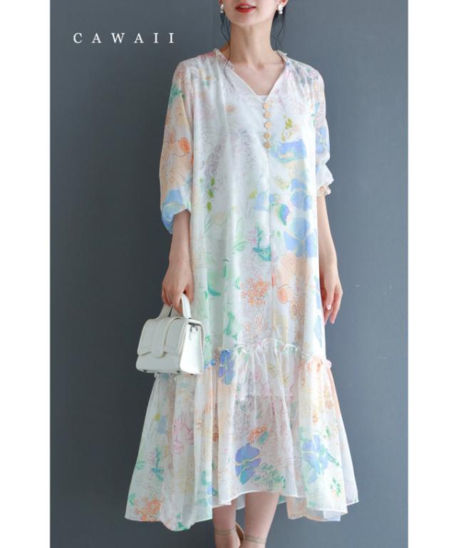 紐ベルト付き 優しさ 溢れる パステル カラー の 花柄 ミディアム ワンピース cawaii w60759ps 長袖 Vネック 透け感 ふんわり オシャレ 個性的 大人可愛い エレガント 上品 春 夏 レディース ファッション ミセス 30代 40代