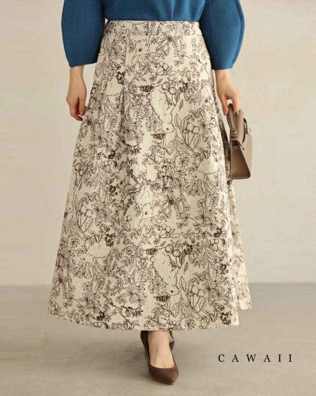 再入荷8月9日 森に潜むウサギのタックジャガードロングスカート cawaii w60881ps S~M対応 後ろゴム ファスナー ふんわり 総柄 ボタニカル アイボリー オシャレ 個性的 大人可愛い エレガント 上品 春 秋服 秋物 冬服 冬物 レディース ファッション ミセス 30代 40代 50代