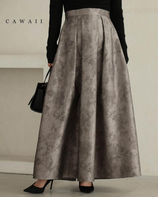 再入荷11月19日 浮かび上がるニュアンスアートのタックロングスカート ロングスカート ニュアンス レディース ファッション 秋服 冬服 着回し  cawaii w60967ps M/L対応 グレー 日常使い キレイめ シンプル ミセス 30代 40代 50代