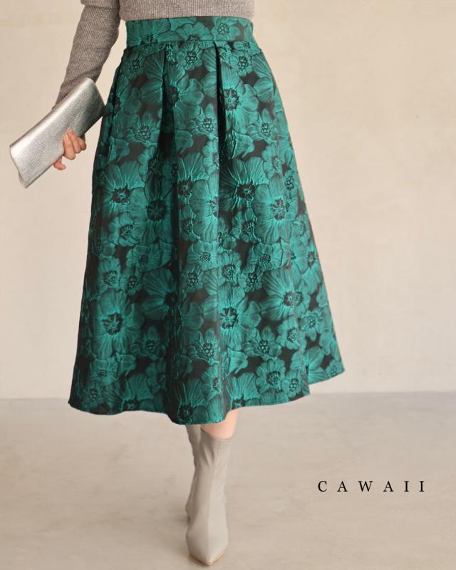 再入荷12月14日 エメラルドの花が咲くジャガードタックミディアムスカート cawaii w61010ps ジャガード おでかけ パーティー 女子会 総柄 花 秋 冬 体型カバー グリーン エレガント レディース ファッション 大人 ママ ミセス 30代 40代 50代