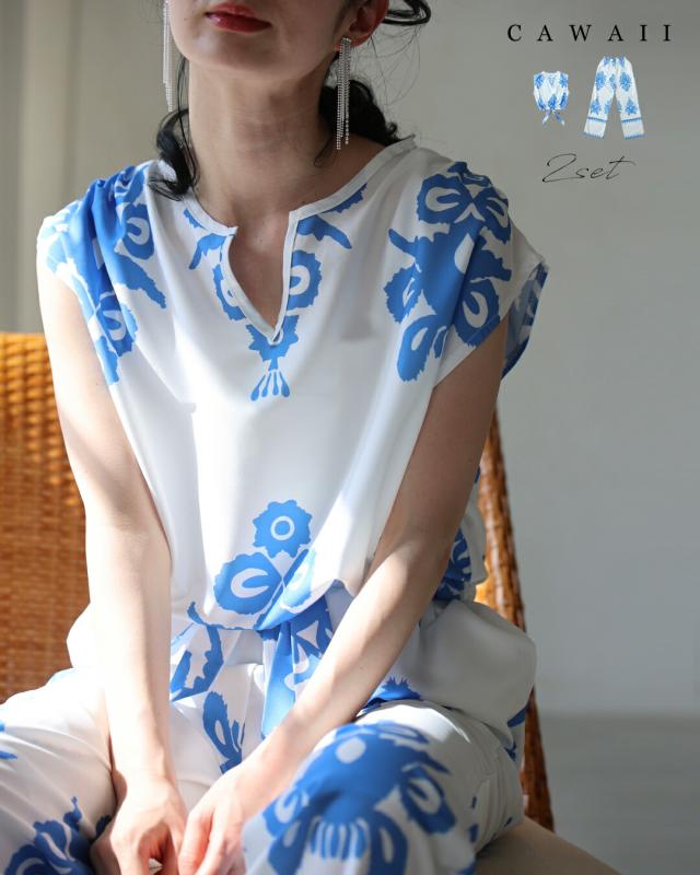 再入荷5月14日 サントリーニの風が吹くバカンスセットアップ【set】 cawaii w61026ps S~M対応 薄手 涼感性 春 夏 抜け感 柄 軽量 トップス パンツ 単品使い 日常使い おでかけ リゾート 海 旅行 レディース ファッション 大人 ママ ミセス 30代 40代 50代 福袋