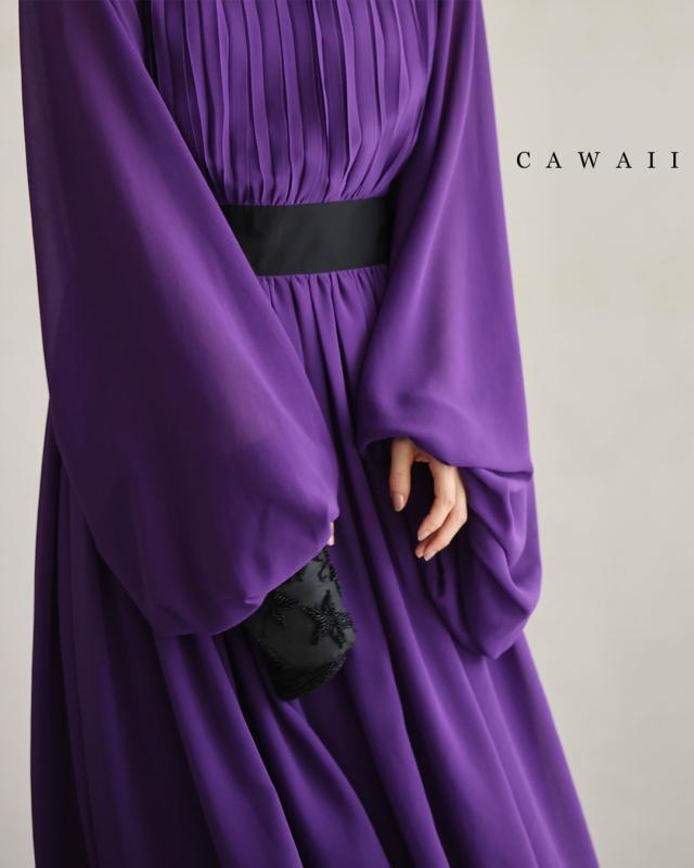 再入荷10月24日 品格漂う紫のゆったりバルーン袖ミディアムワンピース cawaii w61038ps S~M対応 ポワン袖 薄手 秋 冬 パープル エレガント シフォン生地 透け感 レトロ風 おでかけ レディース ファッション 大人 ママ ミセス 30代 40代 50代