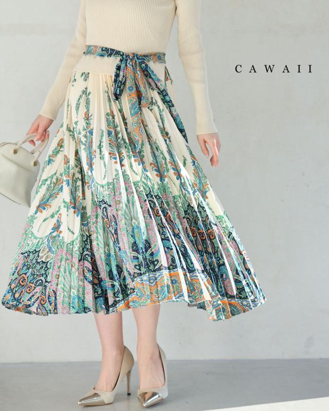 再入荷9月9日 オリエンタルな柄が広がるドッキングプリーツミディアムワンピース（リボン付き） cawaii w61086ps リブニット 長袖 柄 オシャレ 個性的 大人可愛い エレガント 上品 春 秋 薄手 レディース ファッション ミセス 30代 40代 50代