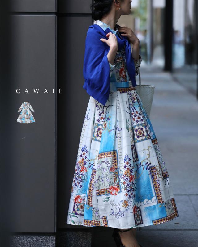 再入荷9月9日  軽やかに風感じるスカーフ柄タックミディアムワンピース cawaii w61088ps 春 夏 日常使い おでかけ 旅行 女子会 レトロ プリント アート 個性的 大人可愛い 総柄  絵画 レディース ファッション 大人 ミセス 30代 40代 50代