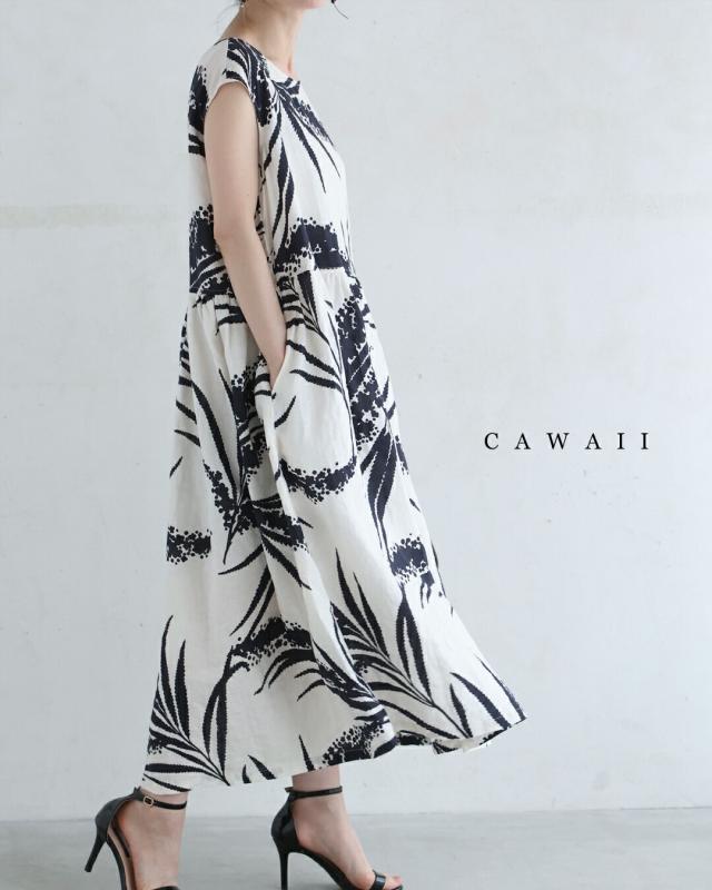 再入荷8月4日 ボタニカルな影絵柄の涼しいリネンミディアムワンピース cawaii w61100ps S~2L対応 ノースリーブ 総柄 アイボリー オシャレ 個性的 大人可愛い エレガント 上品 春 夏 麻 サマードレス レディース ファッション 30代 40代 50代