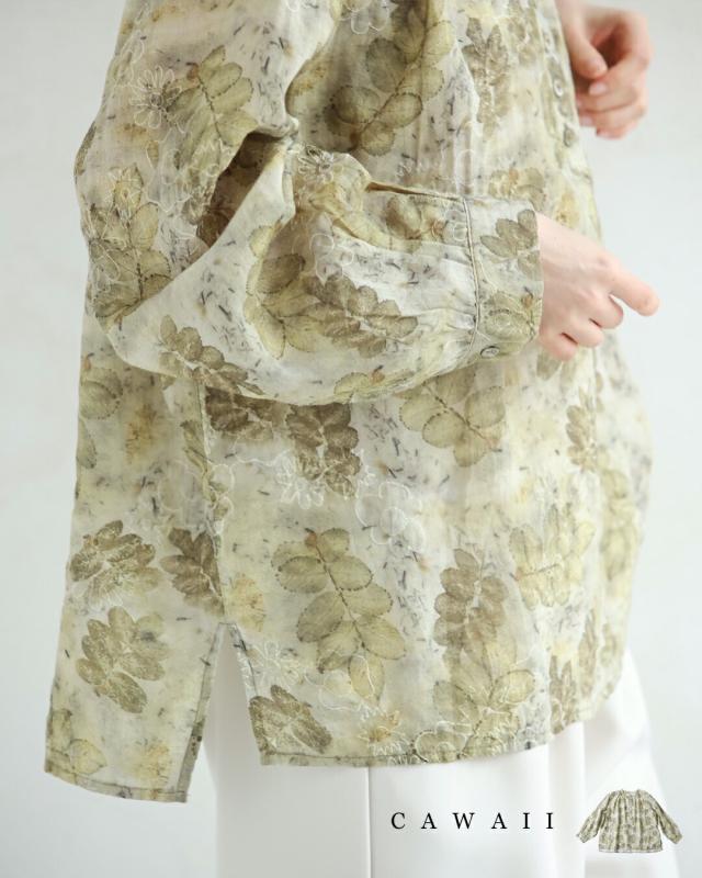 再入荷4月24日 くったり柔らかな花刺繍浮かぶリーフ柄ブラウストップス cawaii w61103ps S~3L対応 春コーデ 夏コーデ 軽やか 軽量 緑 カーキ 柄 日常使い おでかけ 旅行 繊細 麻 おしゃれ 涼感性 レディース ファッション 大人 ママ ミセス 30代 40代 50代