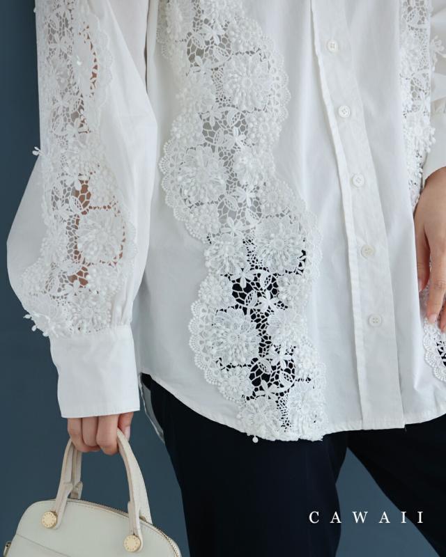 新作2月21日 流れゆく花レースのシャツトップス cawaii w61105ps S~3L対応 羽織り 長袖 刺繍レース ホワイト オシャレ 個性的 大人可愛い エレガント 上品 春服 春物 夏服 夏物 重ね着 綿100％ レディース ファッション ミセス 30代 40代 50代