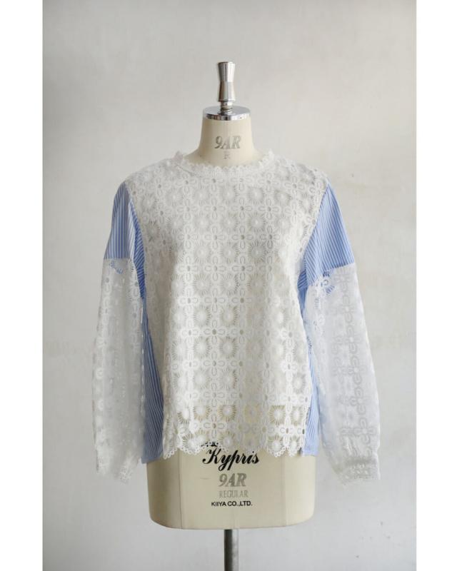 新作2月13日 シャツとステンドグラスレースのドッキングブラウス