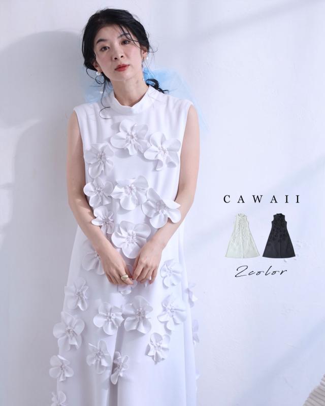再入荷8月24日 ひらひら花コサージュのストレッチ素材ロングワンピース cawaii w61118ps S~L対応 ノースリーブ 花 モチーフ オシャレ 個性的 大人可愛い エレガント 上品 秋 春 夏 伸縮 レディース ファッション ミセス 30代 40代 50代