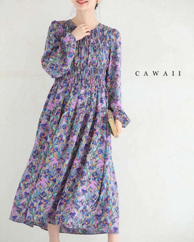 再入荷9月5日 鮮やかに描いた花のシャーリングミディアムワンピース cawaii w61155ps S~3L対応 長袖 クルーネック 花柄 パープル オシャレ 個性的 大人可愛い エレガント 上品 秋服 秋物 春服 春物 レディース ファッション ミセス 30代 40代 50代